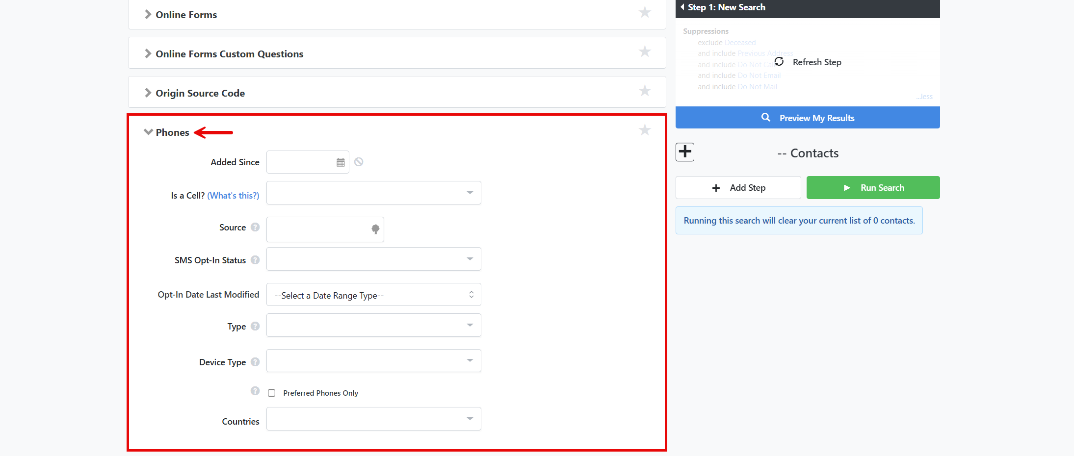 How do I search using Phone Numbers?