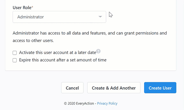 How do I create and manage users with user roles in EveryAction?
